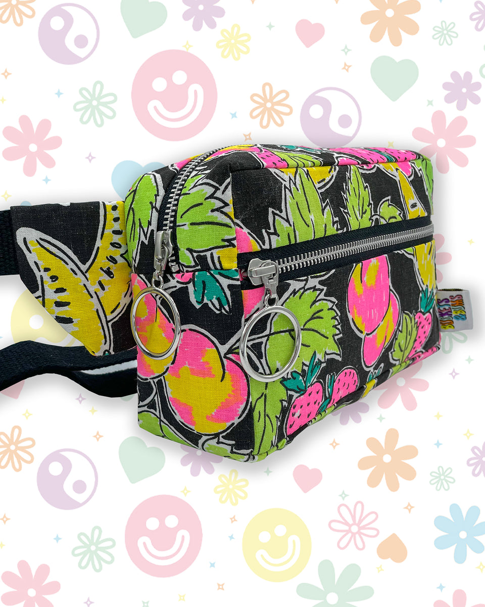 Neon & Black Fruity Bumbag with Strawberries, Peaches & Bananas - Made ...